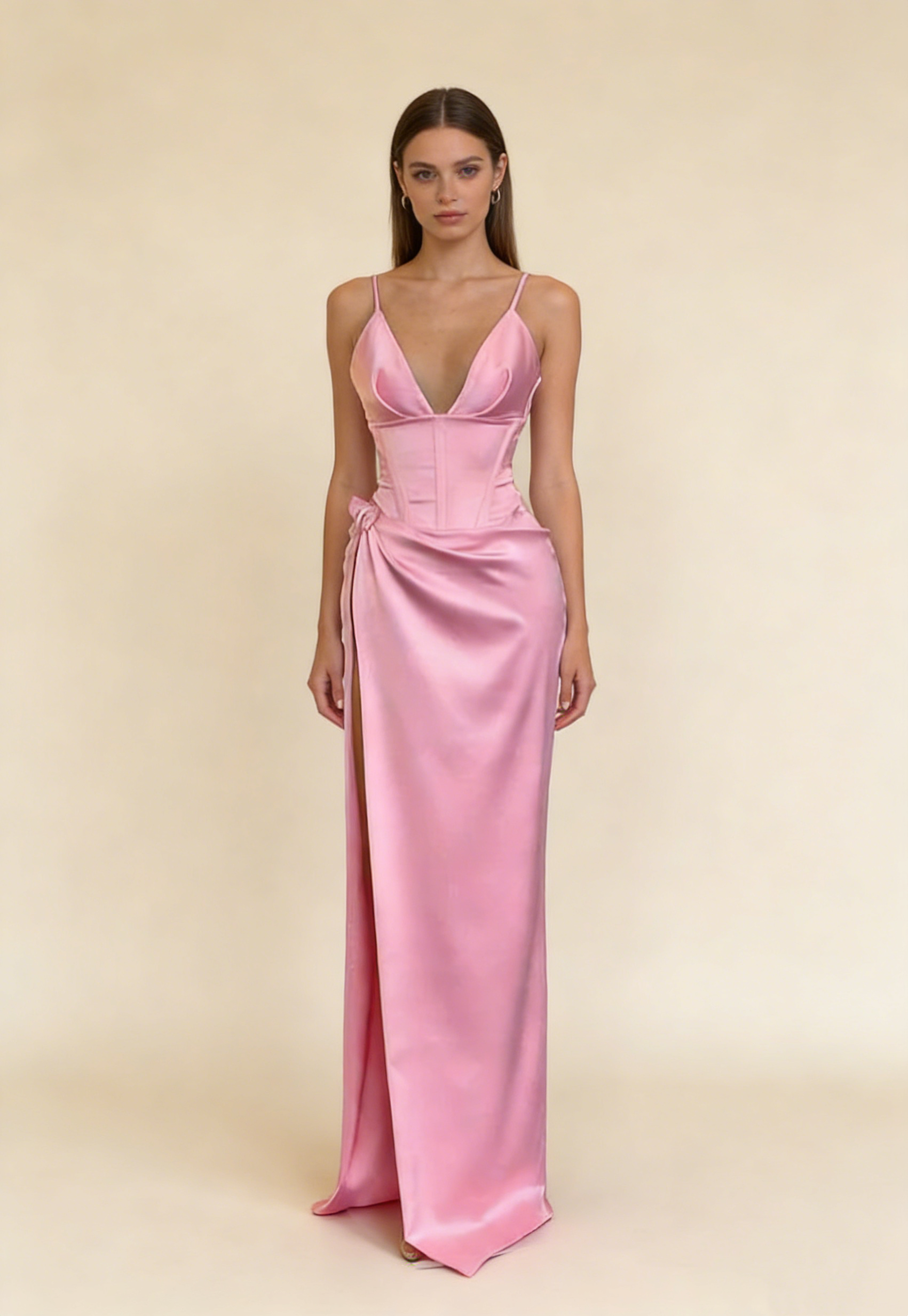 2026 Sexy Pink Prom Dress Satin V-neck Evening Dress Gala Gown Birthda ...