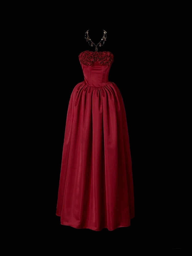 Stunning Prom Dress Strapless Rose Pleated Prom Gown Evening Dress Gal ...