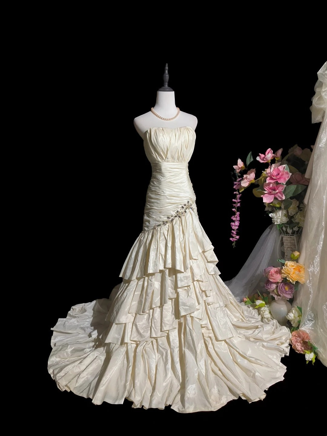 Charming Prom Dress Strapless Pleated Tiered Mermaid Evening Dress Gal ...