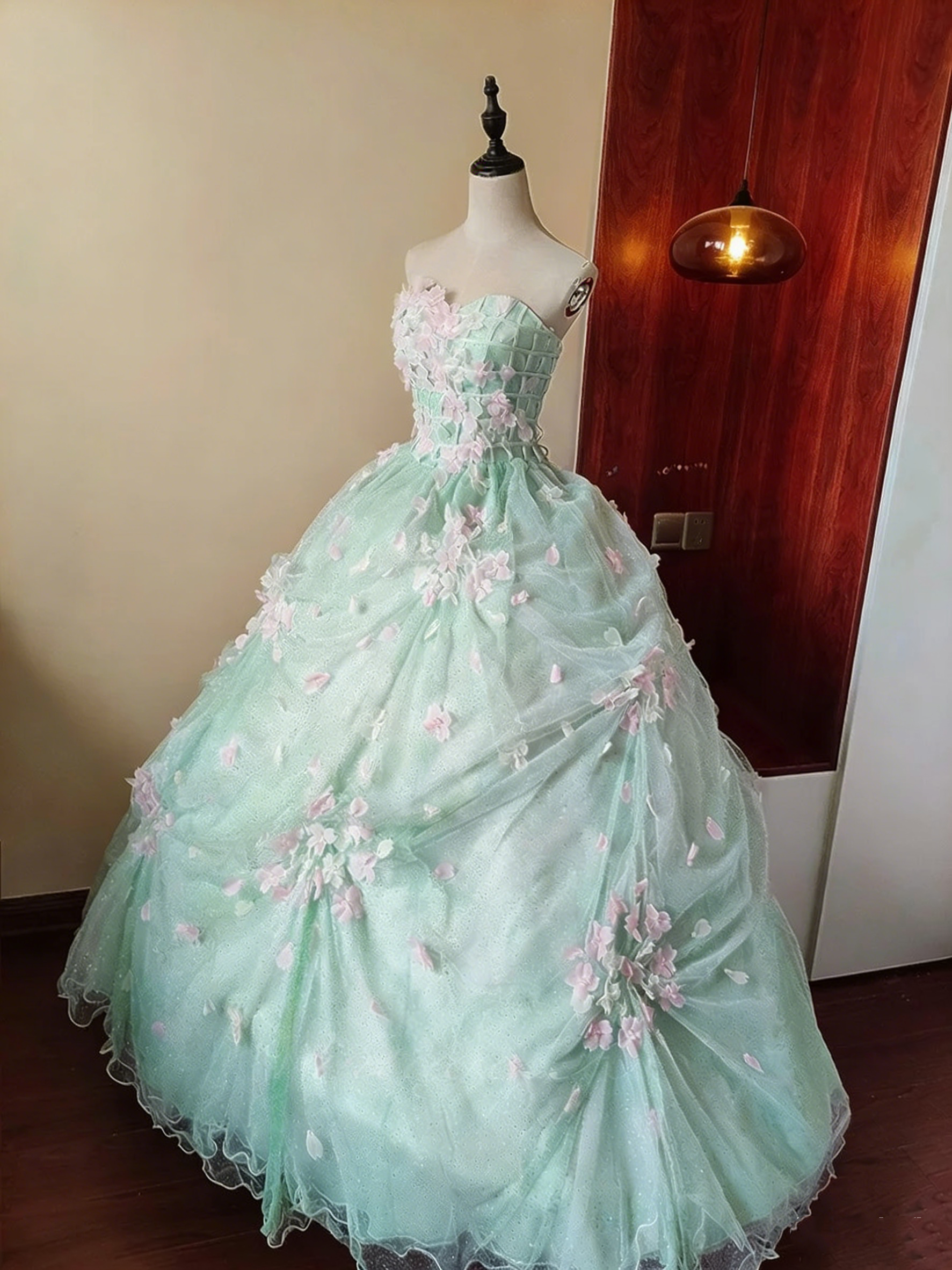 Pretty Prom Dress Sweetheart Floral Pleated Tulle Ball Gown Evening Dr ...